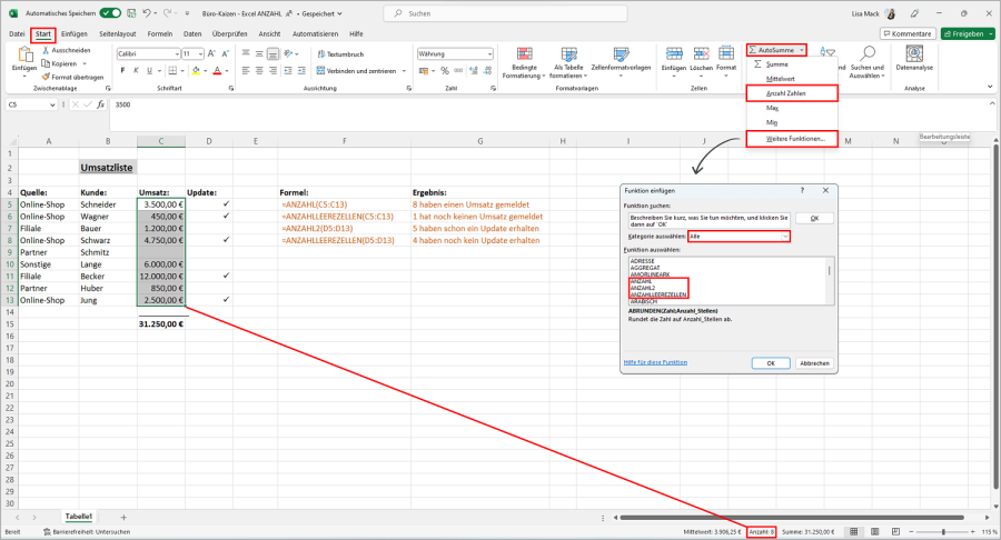 Excel einfach erklärt: Anzahl, Anzahl2, Anzahlleerezellen – mit Beispiel