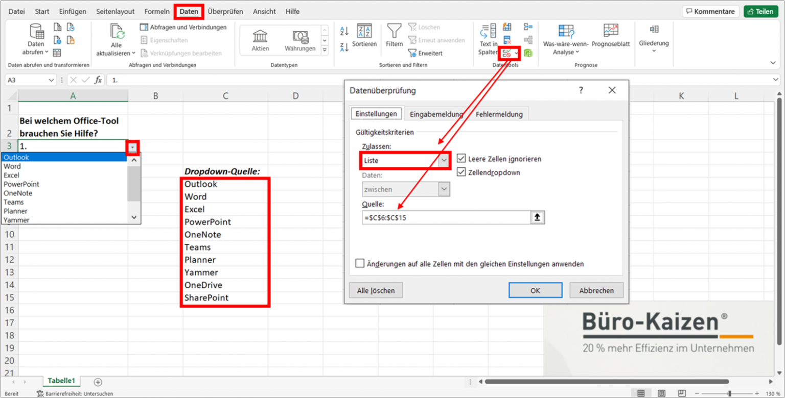 Microsoft Excel: Dropdown-Auswahllisten erstellen und schützen