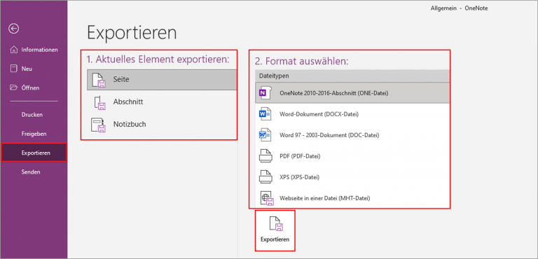 OneNote exportieren: Aus der Desktop-, Web- und Windows-UWP-App