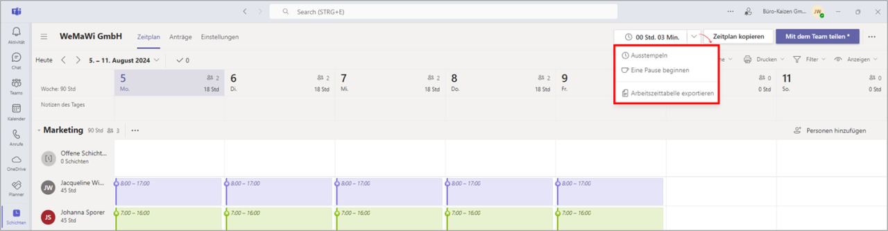 Anleitung für die Zeitplan-Erstellung mit der Teams-App Schichten