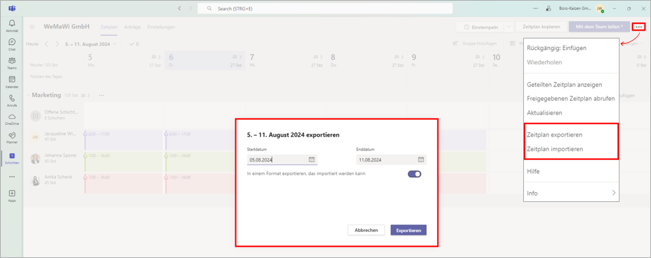 Anleitung für die Zeitplan-Erstellung mit der Teams-App Schichten