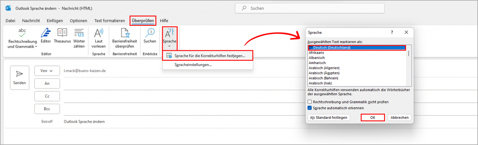 Outlook Sprache ändern und Korrekturhilfe festlegen (Anleitung)
