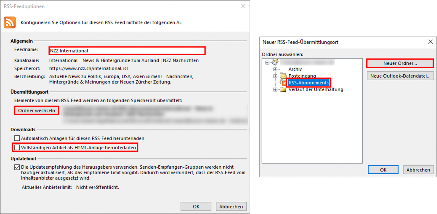 Ein Outlook RSS-Feeds abonnieren, einrichten und verwalten