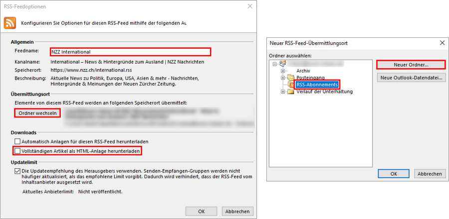 Ein Outlook RSS-Feeds abonnieren, einrichten und verwalten