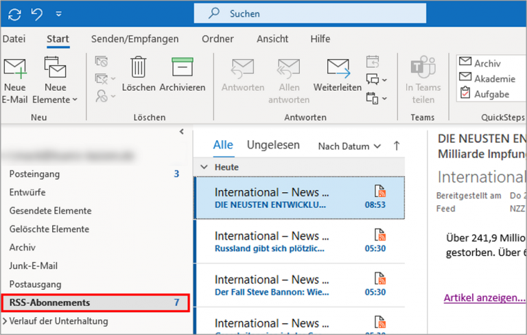 Ein Outlook RSS-Feeds abonnieren, einrichten und verwalten