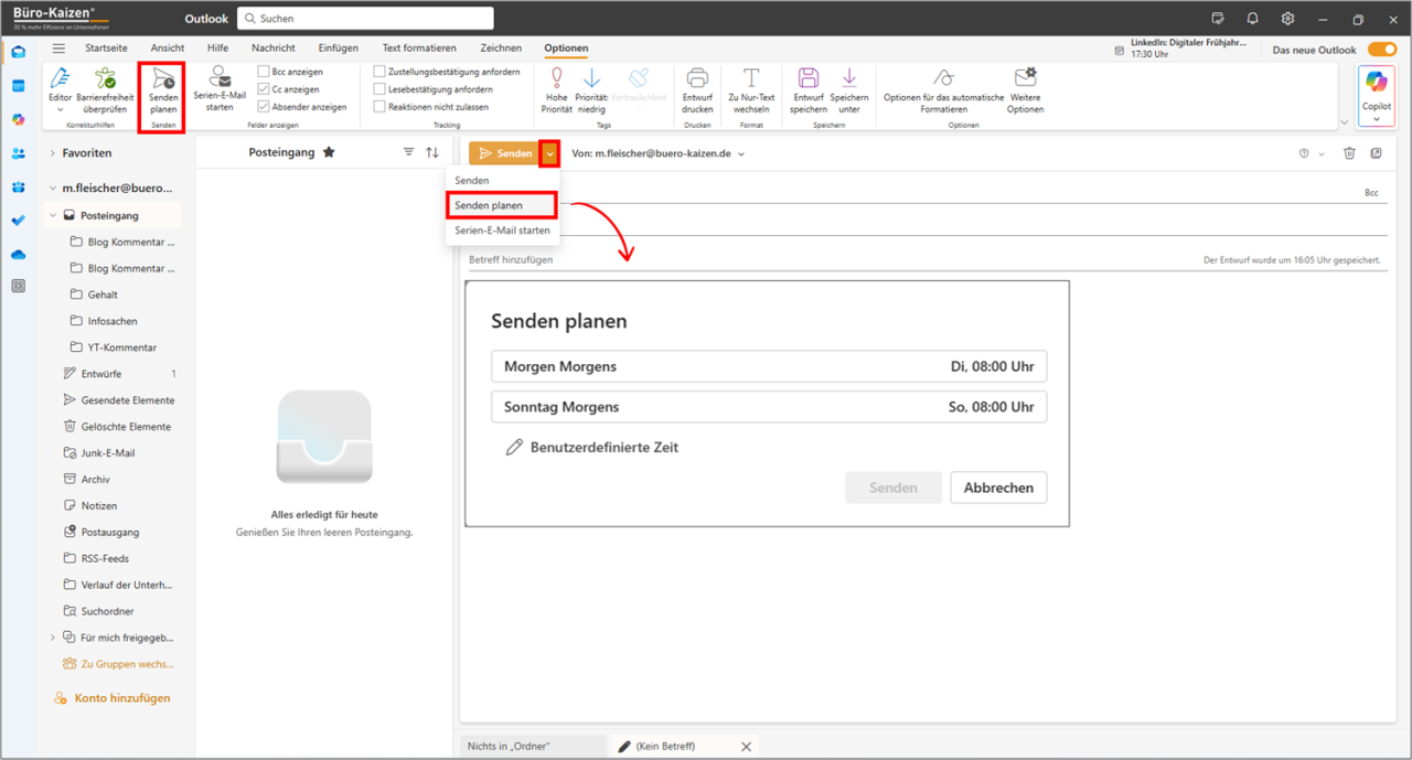 E-Mails in Outlook zeitversetzt senden (Anleitung und Praxisbeispiel)
