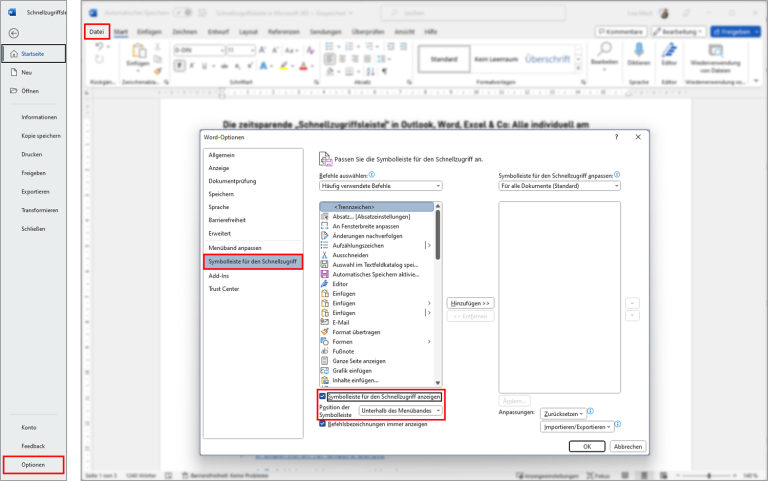 Schnellzugriffsleiste in Microsoft 365: Für Outlook, Word, Excel & Co