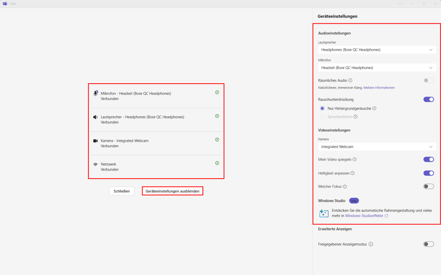 Anleitung für Testanruf in Teams: Eigene Kamera & Audio testen