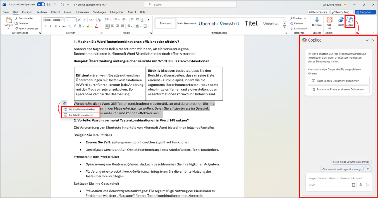 Anleitung für die Copilot-KI in Word: Automatische Textbearbeitung!