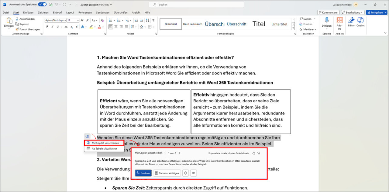 Anleitung für die Copilot-KI in Word: Automatische Textbearbeitung!